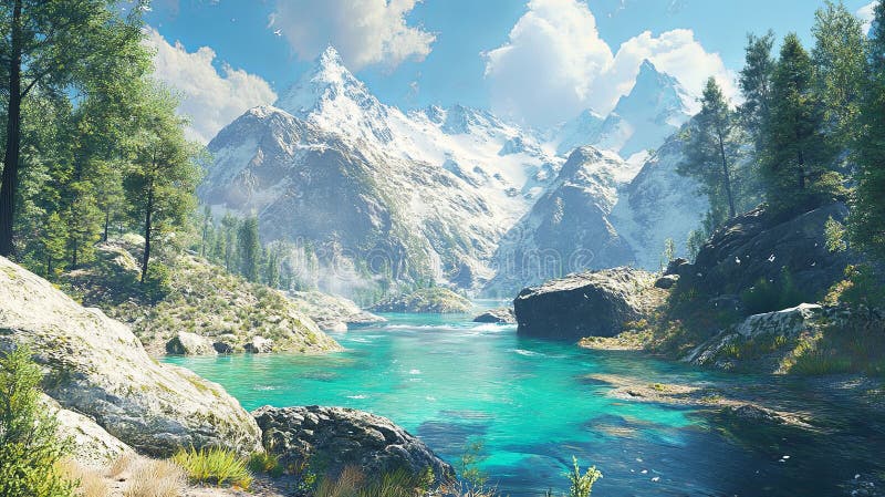 Scenic Alpine Valley with Glacial Waters and Rugged Terrain. Stock ...