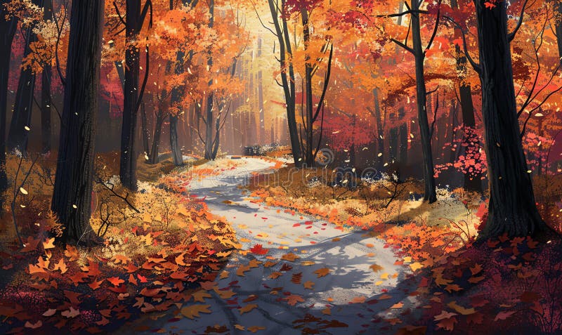 Scenic Autumn Forest Path. a Serene Landscape Painting Stock Image ...