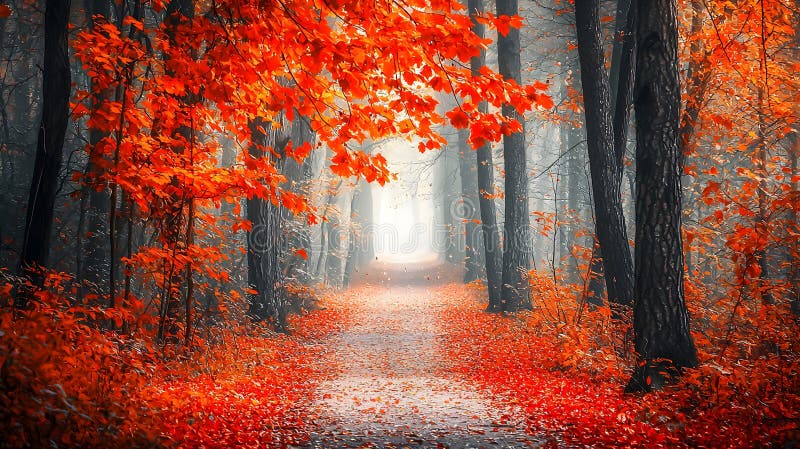 Scenic Autumn Forest Pathway with Vibrant Red Leaves Stock Illustration ...