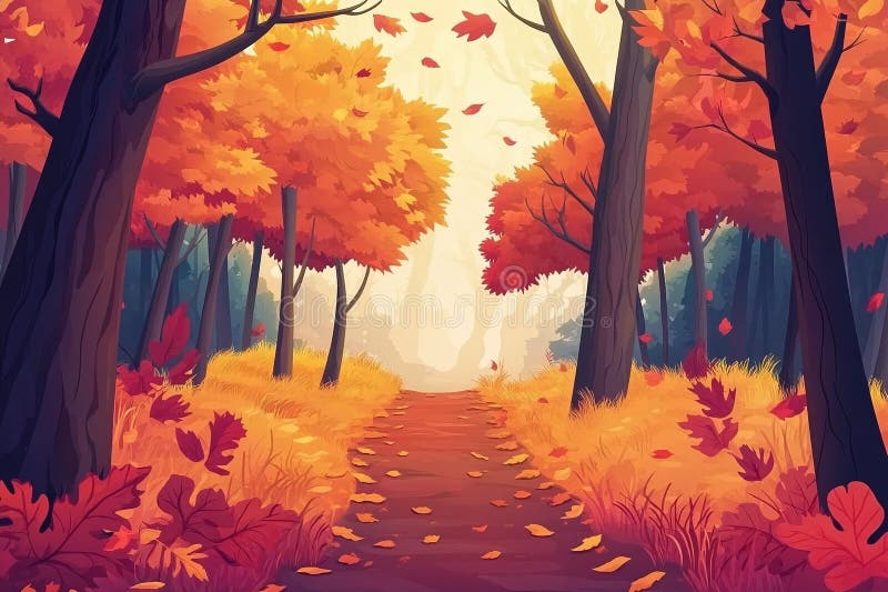 Scenic Autumn Pathway with Vibrant Fall Trees Yellow and Red Foliage ...