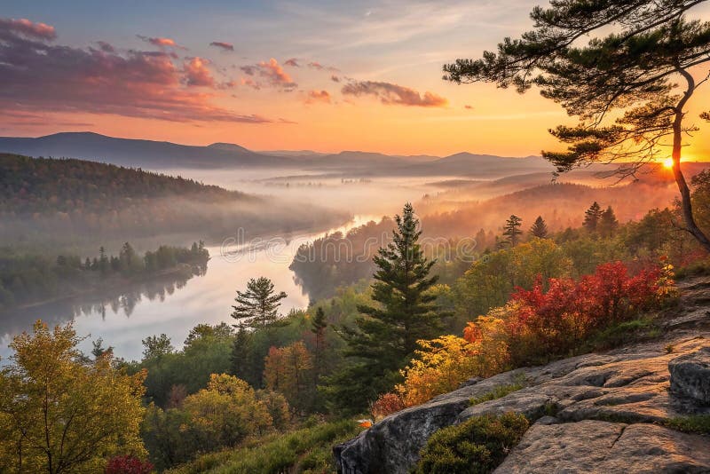 Scenic Autumn Sunrise Over a Misty River Valley Stock Illustration ...