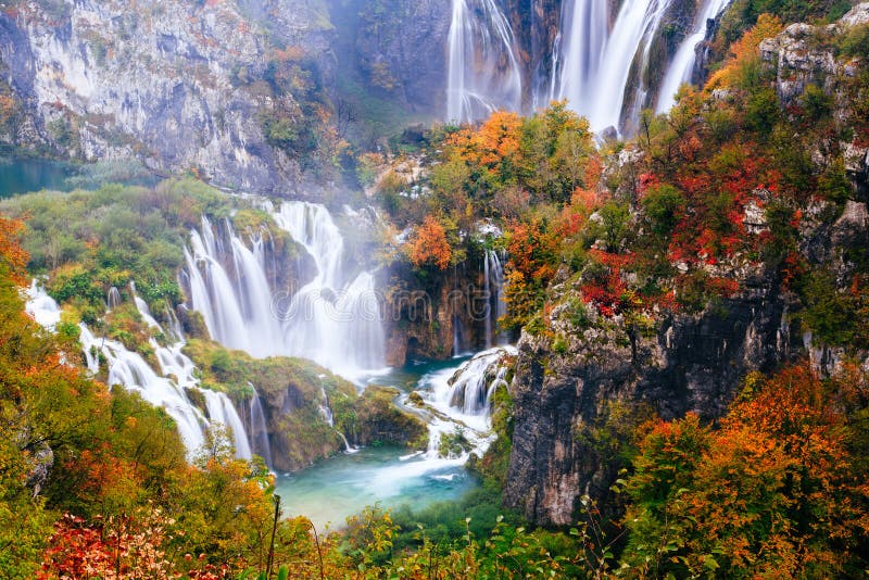 Scenic Autumn Waterfall in Serene Forest Setting Stock Image - Image of ...