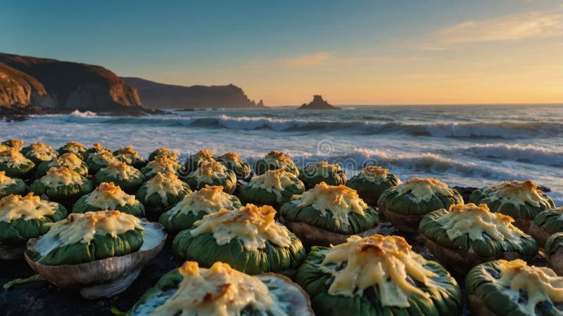 A Scenic Beach with Baked Shellfish on Rocks at Sunset Stock Image ...