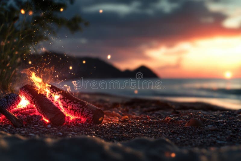 Scenic Beach Bonfire at Sunset with Glowing Logs and Sparks Stock Image ...