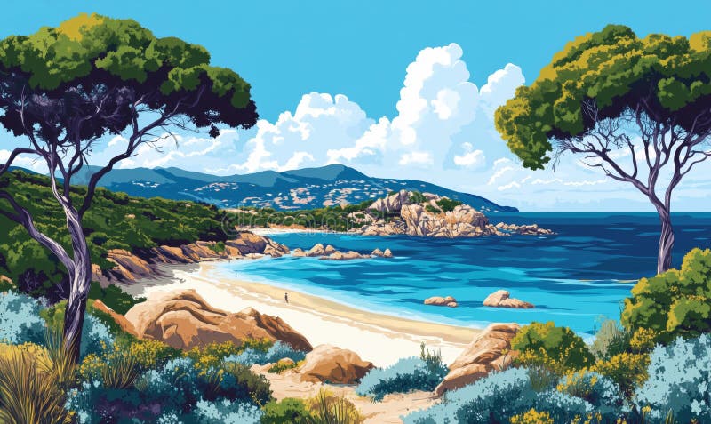 Scenic Beach Landscape with Trees, Rocks, and Blue Ocean Stock Image ...