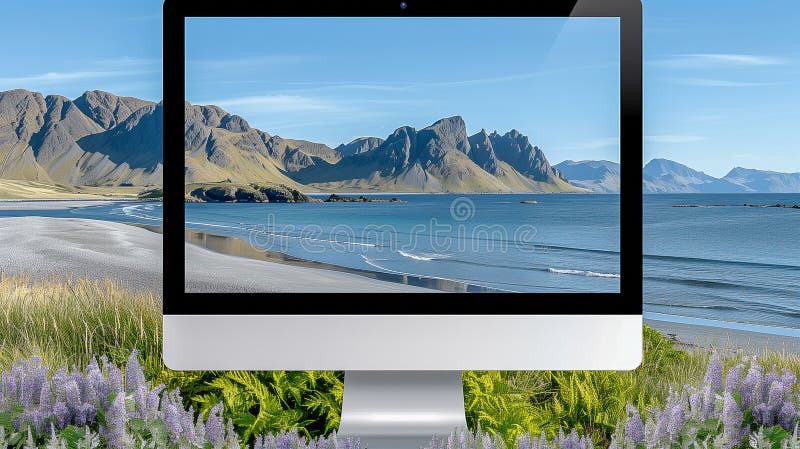 Scenic Beach and Mountains on Computer Screen Outdoors Stock ...