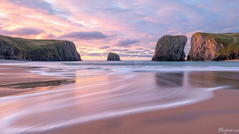 A Scenic Beach with Rock Formations at Sunset the Waves are Gently ...