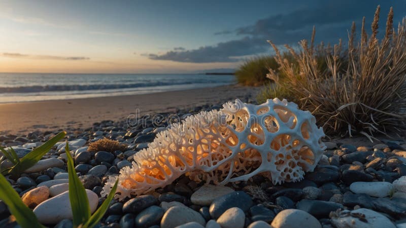 Stunning Sunset Beach Scene with Delicate Coral Skeleton Stock ...