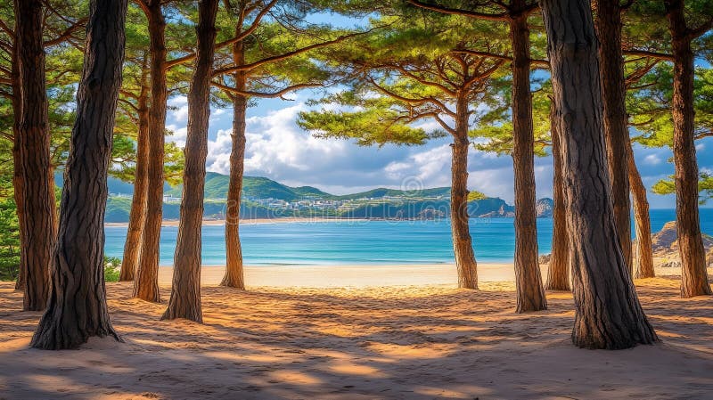Scenic Beach View through Pine Tree Grove Royalty Free Image Stock ...