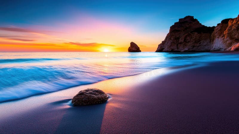 Scenic Beach View with Vibrant Sunset Stock Illustration - Illustration ...