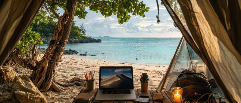 Scenic Beachside Digital Nomad Workspace Setup Stock Photo - Image of ...
