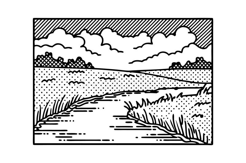 Scenic Black and White Landscape Illustration of a River Flowing ...