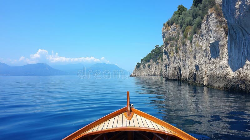 Scenic Boat View on Calm Lake, Cliffs and Mountains in Background Stock ...