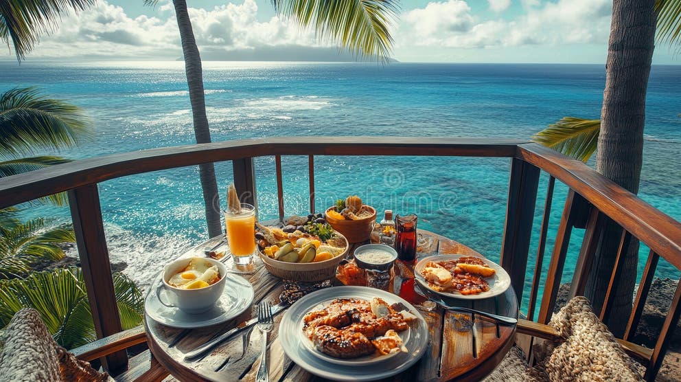Scenic Breakfast with Ocean View from Balcony. Stock Image - Image of ...