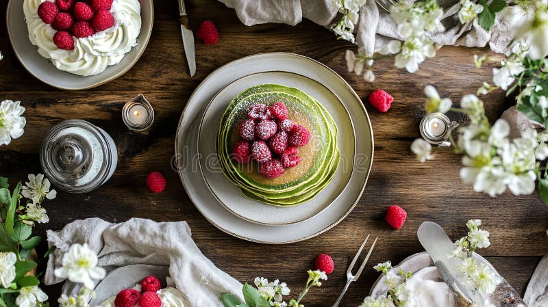 A Scenic Brunch Table Featuring Matcha Pancakes Topped with Sugared ...