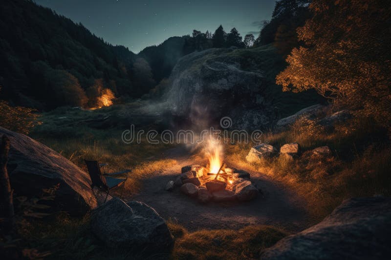 Scenic Campsite with Campfire. Generative AI Stock Illustration ...