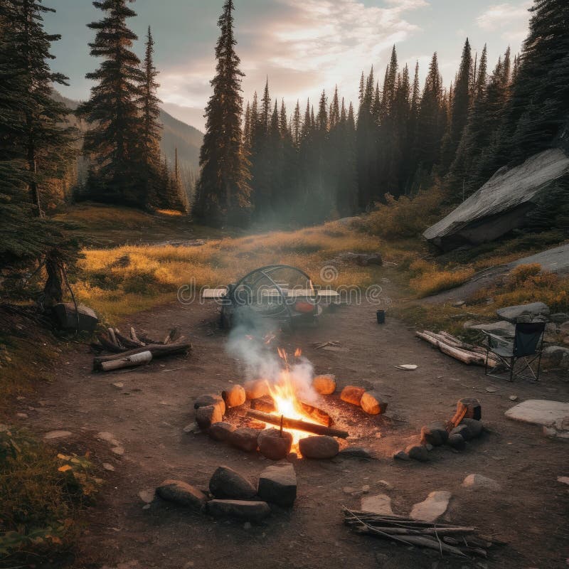 Scenic Campsite with Campfire. Generative AI Stock Illustration ...