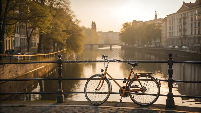 Scenic Canal View with a Vintage Bicycle Leaned Against a Bridge ...