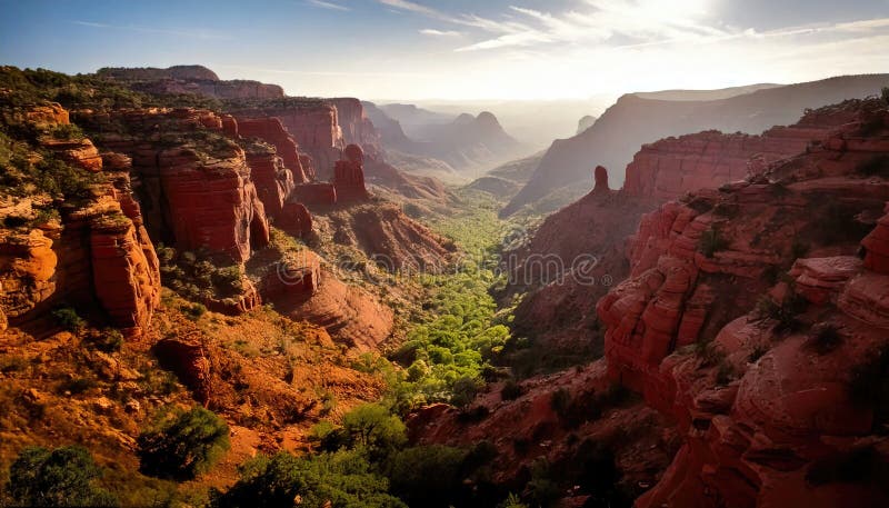 Scenic Canyon Red Rock Formations Lush Greenery Under Bright Sky Stock ...