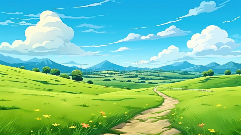 A Scenic Cartoon Landscape with a Path Leading To the Mountains ...