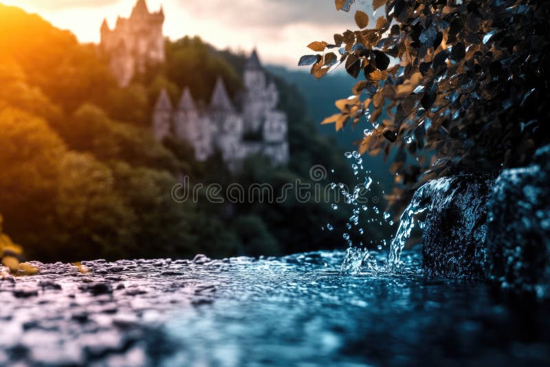 Scenic Castle View Waterfall Sunset Lush Green Forest Stock Photos ...