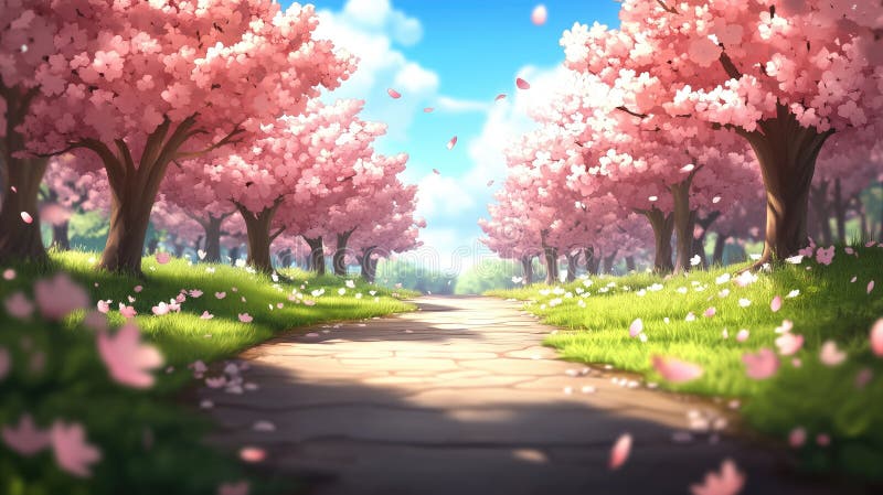 Scenic Cherry Blossom Pathway Under Blue Sky with Falling Petals in ...