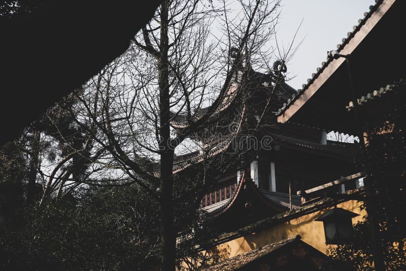 Scenic Chinese Temple Seen through Branches of a Leafless Tree Stock ...