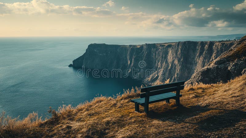 A Scenic Cliffside with a Bench and a Breathtaking View of the Ocean ...