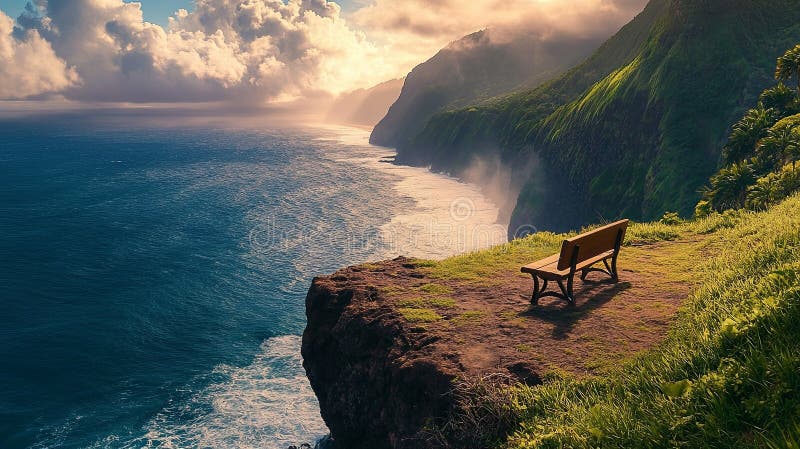 A Scenic Cliffside with a Bench and a Breathtaking View of the Ocean ...