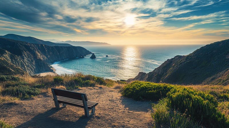 A Scenic Cliffside with a Bench and a Breathtaking View of the Ocean ...