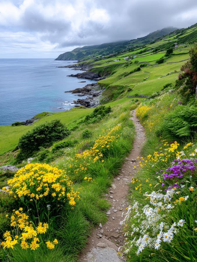 Scenic Cliffside Path with Vibrant Wildflowers Along the Coastline ...