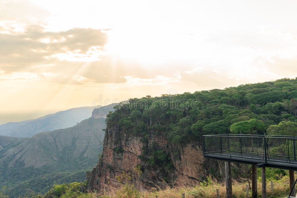 Scenic Cliffside with Viewing Platform and Sun Rays. Stock Photo ...