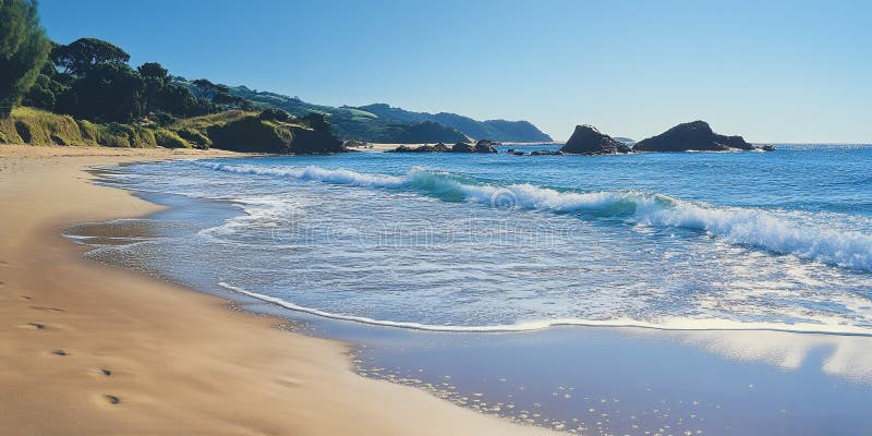 Scenic Coastal Beach Scene Waves Sand Ocean Rocks Stock Illustration ...