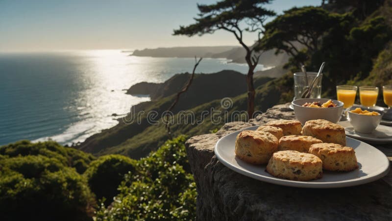 Scenic Coastal Breakfast with Freshly Baked Scones and Ocean View Stock ...