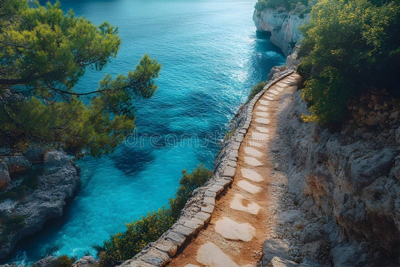A Scenic Coastal Path Winding Along Turquoise Waters and Lush Greenery ...