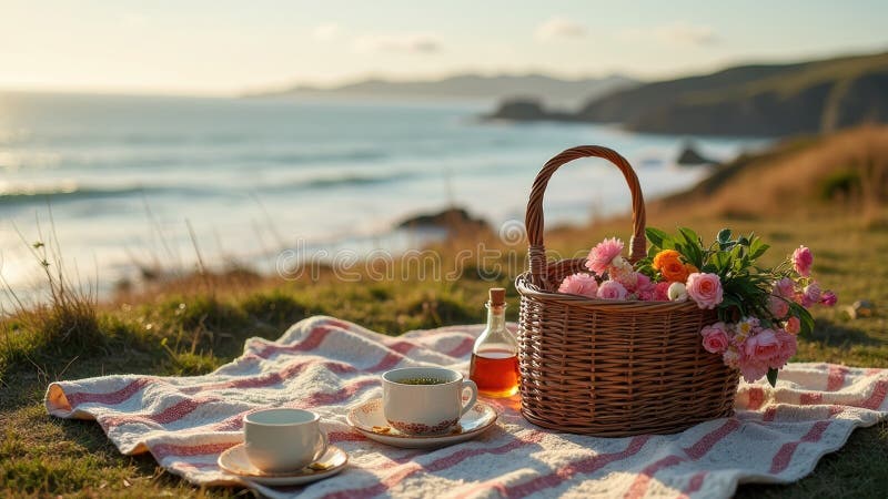 Scenic Coastal Picnic with Flowers and Tea by the Ocean at Sunset Stock ...