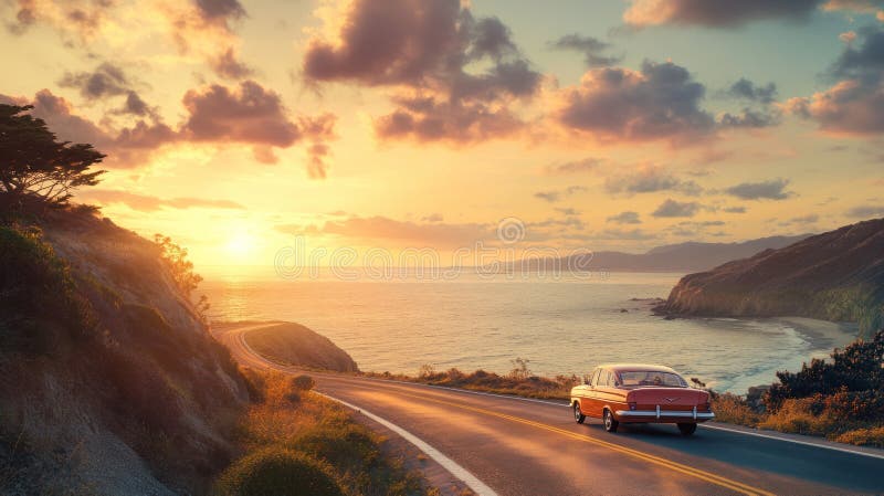 Driving a Car, Scenic Coastal Road at Sunset Stock Illustration ...