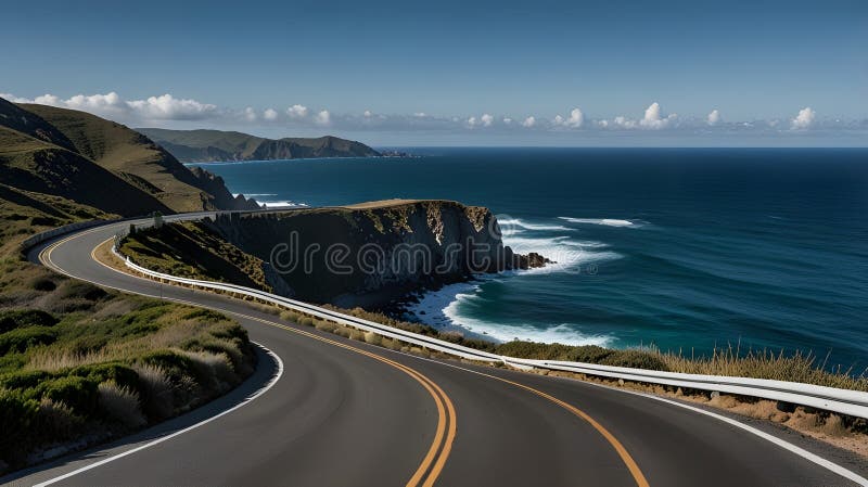 A Scenic Coastal Road Winding Along the Edge of a Blue Ocean Stock Illustration - Illustration ...