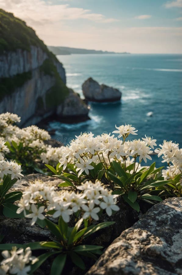 Serene Coastal Bloom: White Flowers on Rocky Cliff Overlooking Ocean ...