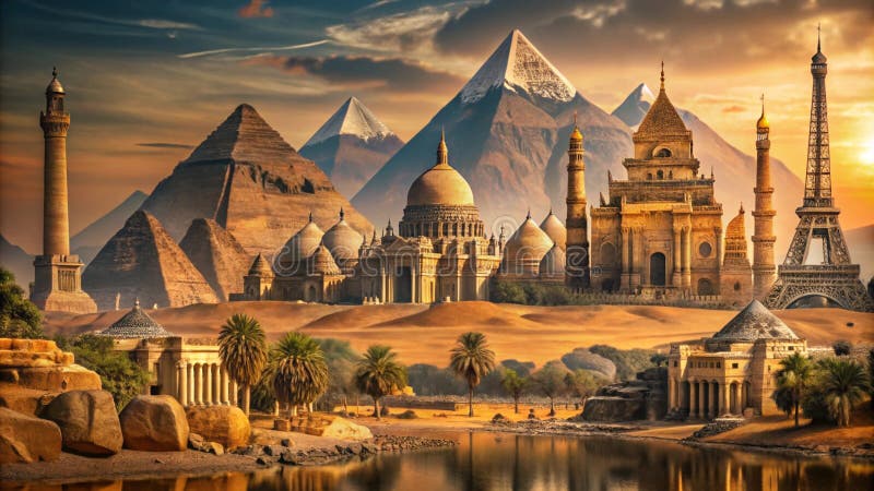 A Scenic Collage of Famous World Landmarks Set Against a Desert ...