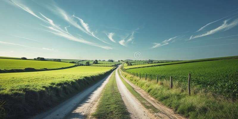 Scenic Country Lane between Lush Green Fields and Blue Sky Stock Photo ...