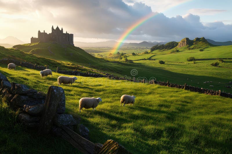 Scenic Countryside with Sheep, Castle, and Rainbow at Sunset Stock ...