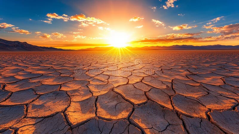 Scenic Cracked Desert Landscape at Sunset with Dramatic Sun Rays and ...