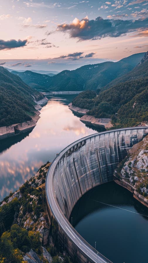 Scenic Dam and River at Sunset Surrounded by Mountains, Aerial View ...