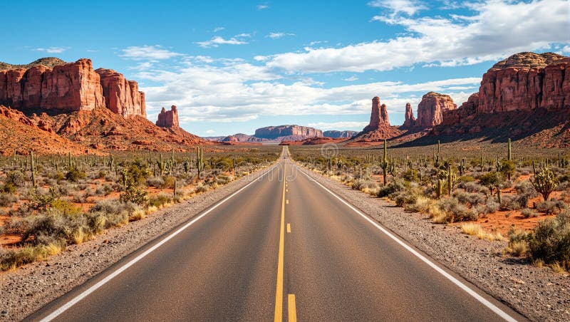 Scenic Desert Highway with Red Rock Formations and Cacti Under a ...