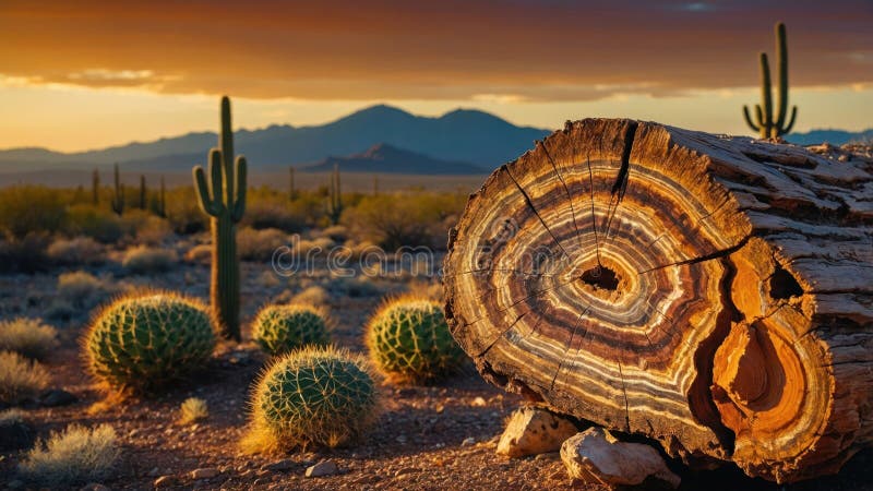 Petrified Wood Slice in Desert Sunset with Cactus Stock Illustration ...