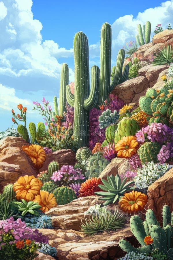 A Scenic Desert Landscape Featuring Various Types of Cacti and ...