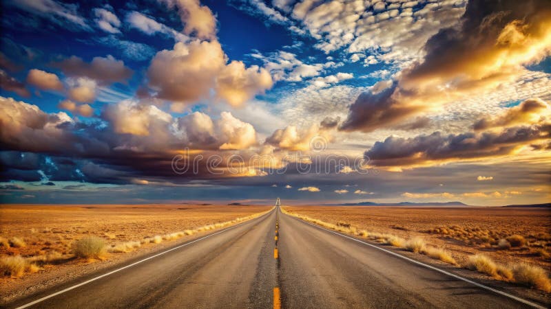 Scenic Desert Road Stretches into Horizon Under Dramatic Sky Stock ...