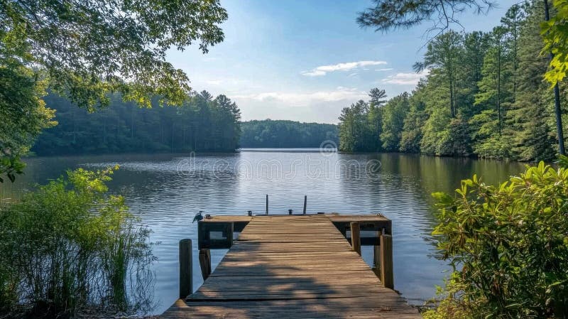 Scenic Dock Extending Over Calm Waters Surrounded by Trees Stock ...