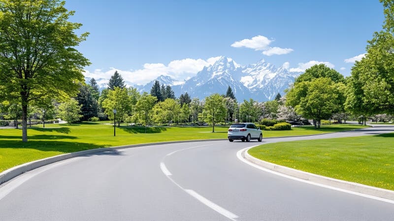 Scenic Drive through Lush Park with Mountain View Stock Illustration ...